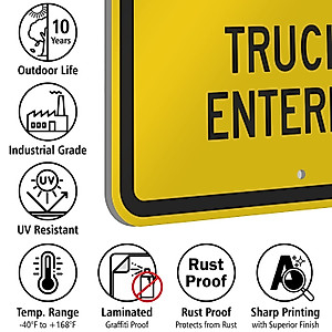 SmartSign 24 x 18 inch “Slow - Construction Area Ahead, Trucks Entering” Metal Sign, 80 mil Laminated Rustproof Aluminum, Black and Yellow, Made in USA