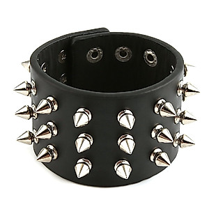 HZMAN Unisex Black Metal Spike Studded Punk Rock Biker Wide Strap Leather Bracelet (5cm Wide - Spike Black)