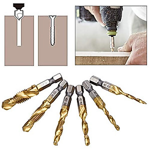 YDLQWCZ Combination Drill Tap Bit Set 6 Piece Hex Shank Quick Change HSS Titanium Coated Spiral Tap Drill Bit Include M3 M4 M5 M6 M8 M10 Spiral Screw Tap Set