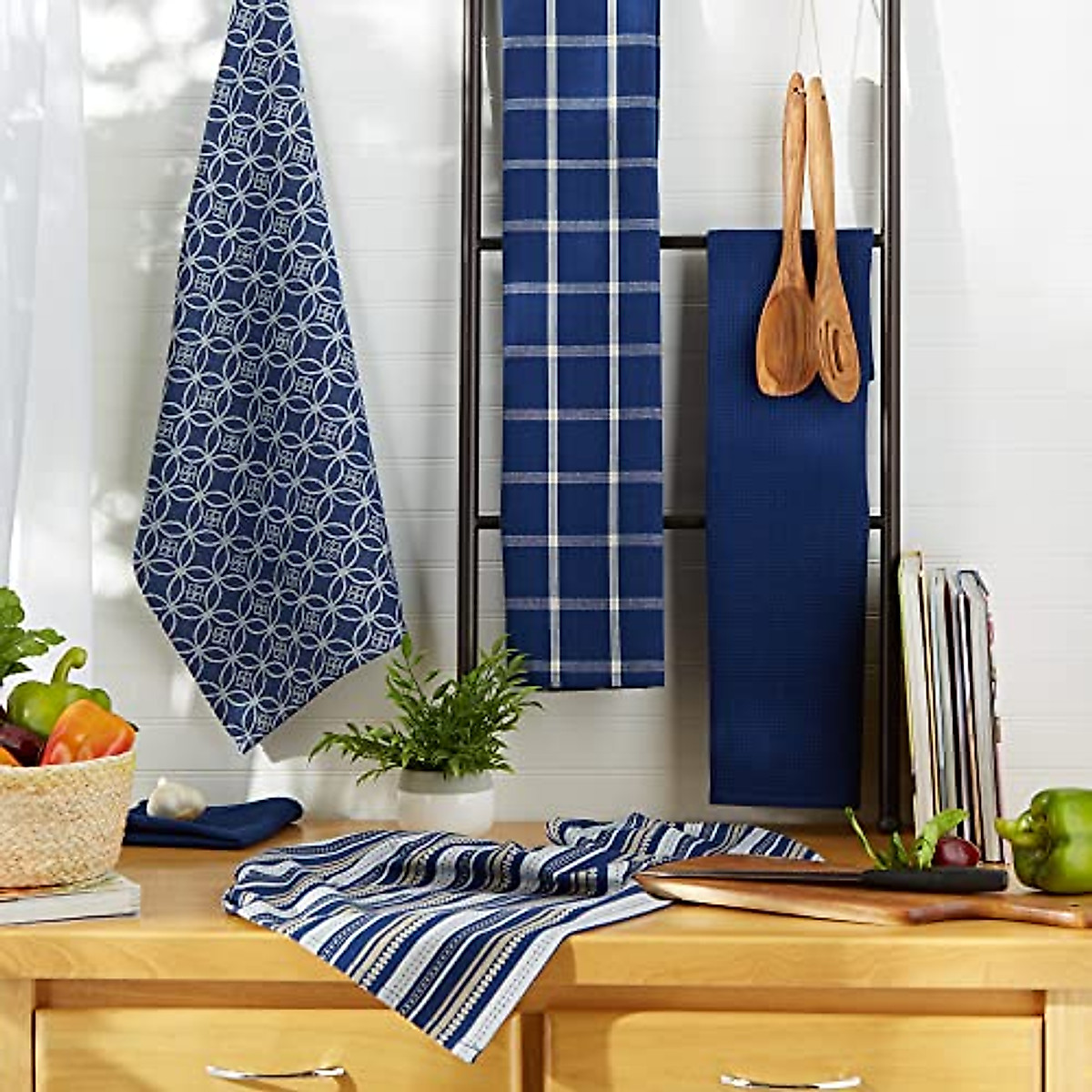 DII Assorted Woven Kitchen Set, Dishtowel, 18x28, Dishcloth, 13x13, Nautical Blue, 5 Piece