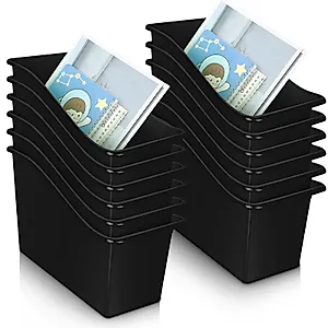 Fuutreo 12 Pieces Book Bins for Classroom Plastic Binder Holder Magazine Stuff Folder File Organizer Box for Home Office School Supplies (Black)