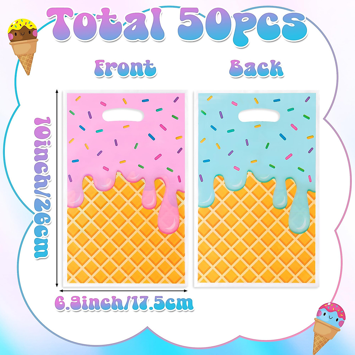 ArowlWesh Ice Cream Party Favor Bags - 50Pcs Plastic Sweet Ice Cream Candy Treat Gift Bag with Handles Cute Snack Goodie Bags Summer Ice Cream Theme Birthday Party Supplies Baby Shower Wedding Decor