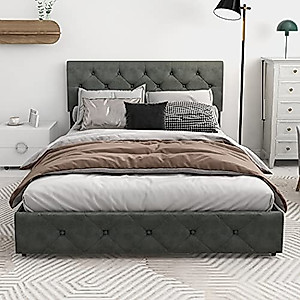 Wancla Queen Upholstered Platform Bed Frame with 4 Storage Drawers/Adjustable Button Tufted Headboard/No Box Spring Neeed/Wood Slat Support/Easy Assembly/Dark Grey, Leathaire
