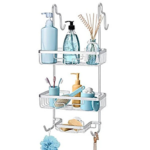 Duwee Over The Door Shower Caddy, NeverRust Aluminum Over the Shower Door Caddy, Hanging Shower Caddy for Shampoo Conditioner, 3 Tier Bathroom Shelf Organizer with Hooks for Razors Towels (silver)