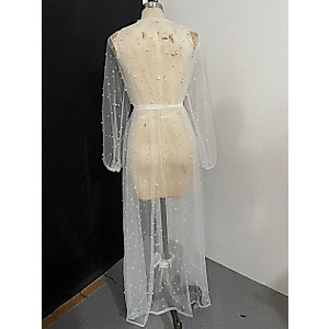 Pearl Long Sleeve Wedding Jacket Tulle Party Shawl BOLERO Floor-Length Bridal Cape Sexy pearl robe(white,M)