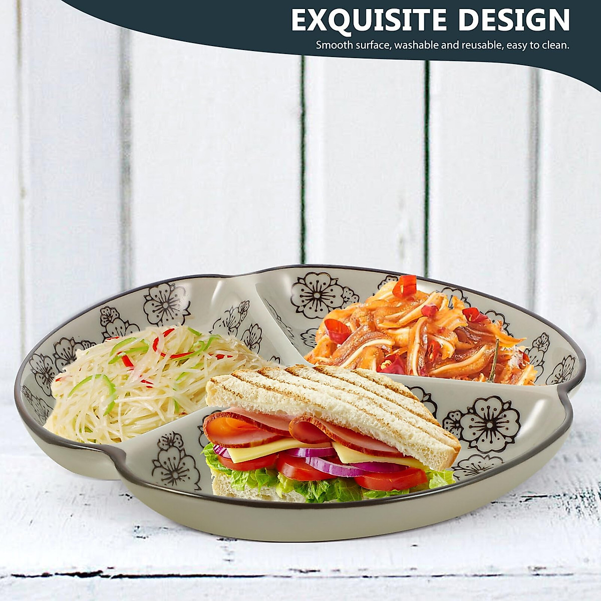 Kichvoe Ceramic Divider Dishes Compartment Food Plate Japanese Divided Serving Platter 3 Section Snack Tray Dried Fruit Storage Plate-7inch