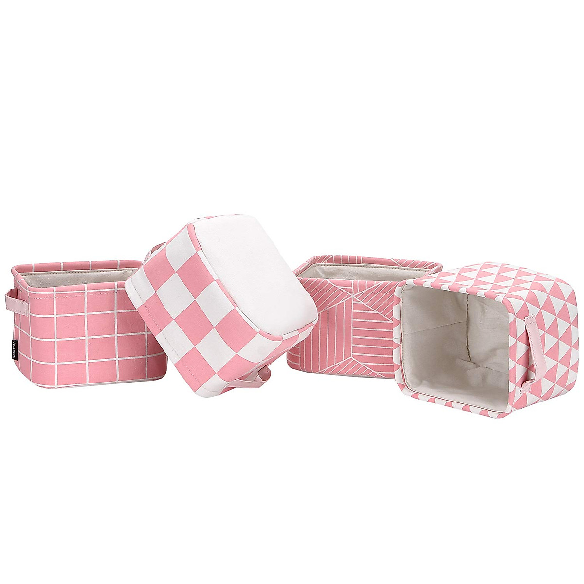 Sea Team Foldable Mini Square New Pink and White Geometric Theme 100% Natural Linen & Cotton Fabric Storage Bins Storage Baskets Organizers for Shelves & Desks - Set of 4 (Pink)