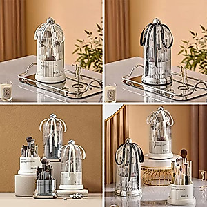 DASITON 360° Rotating Makeup Brush Holder,Covered Dustproof Makeup Brushes Organizer,7 Slot Makeup Brushes Cup,for Vanity Decor,Bathroom Countertops,Cosmetic Display cases（Cream）