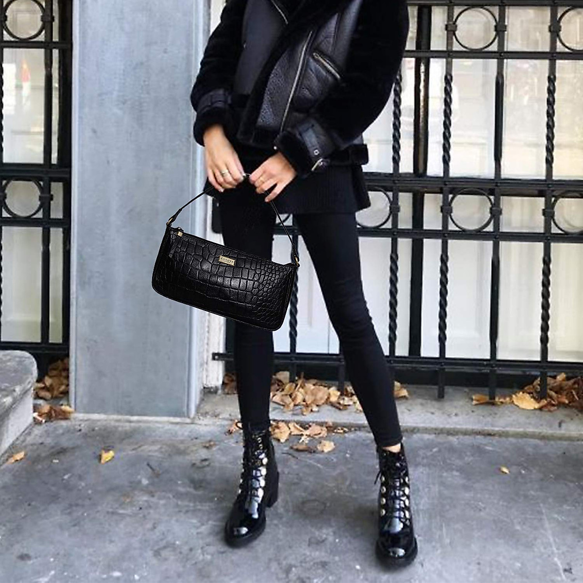 Leather Shoulder Bag for Women - Retro Classic Clutch Real Leather Croc Print Tote Small Purse Handbag with Zipper Closure