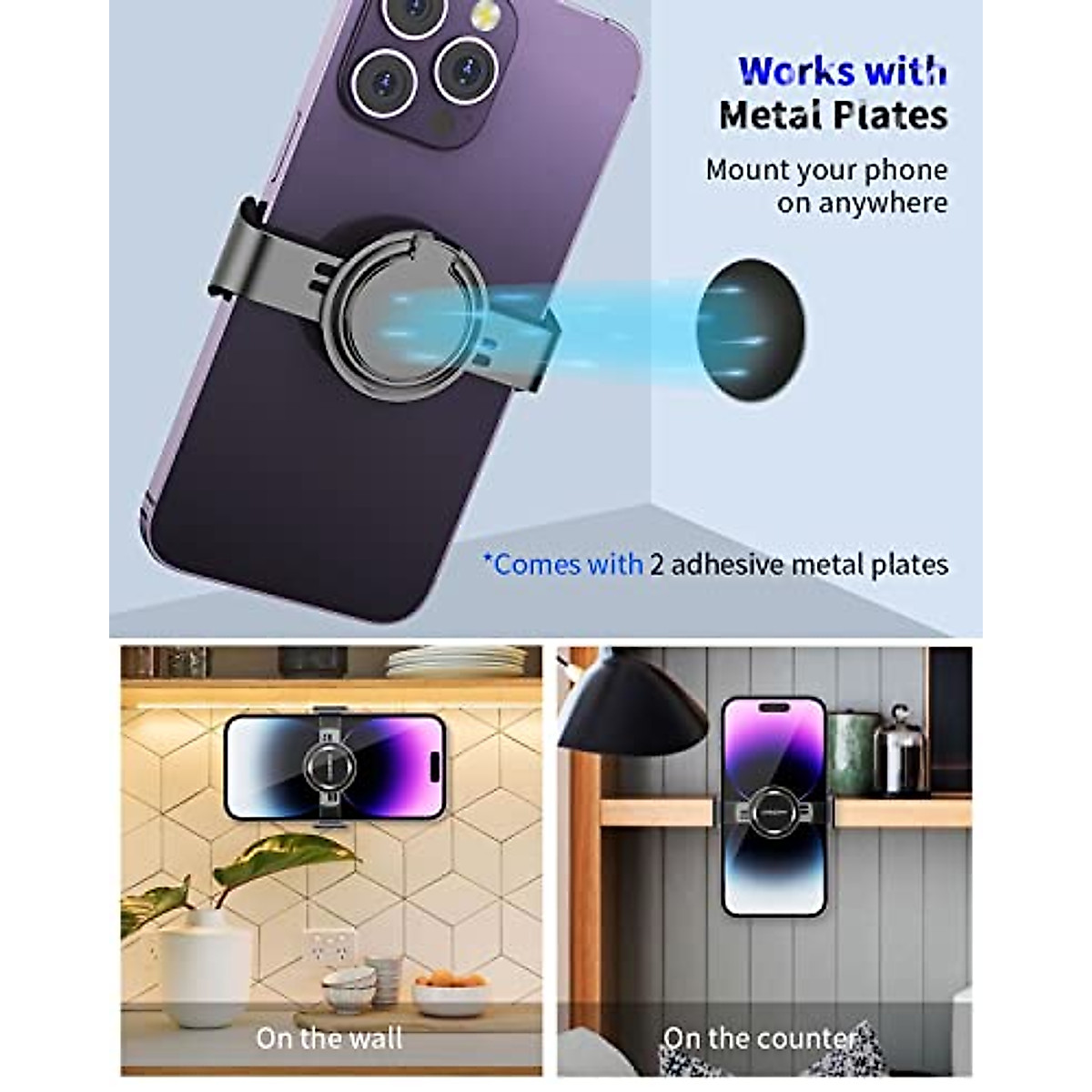 CHEEDAY Magnetic Phone Clamp Mount to Any Metal Surface, [Strong Magnet] Gym Metal Phone Clip Ring Grip for Magnetic Car Holder Compatible with iPhone 12 13 14 Pro Max, Most Phones and Cases, Gray