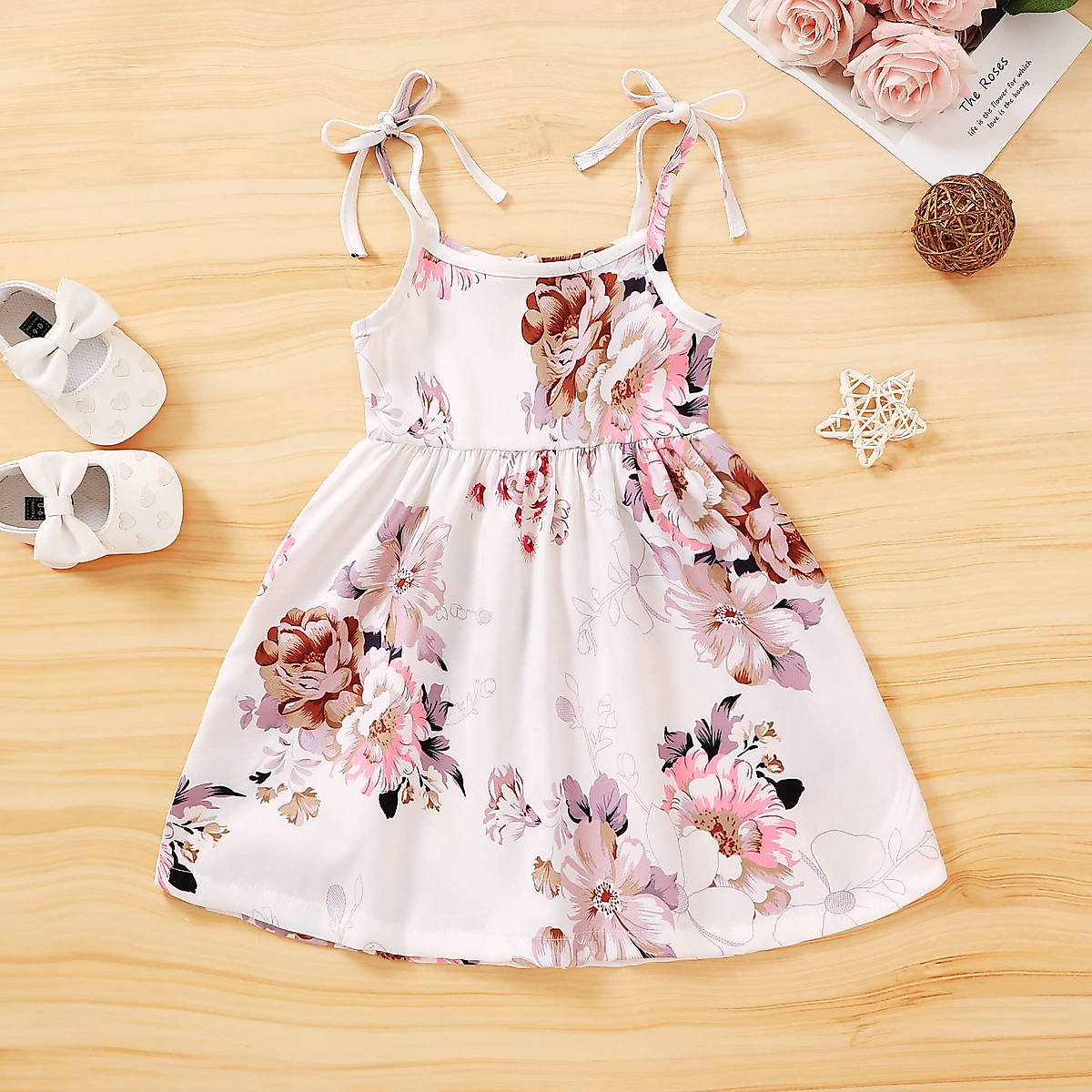 YOUNGER TREE 1-5T Toddler Kids Girls Summer Dress Sling Blue Floral Casual Dress Pattern Girls Party Dress Sleeveless (3-4T, Beige dress)