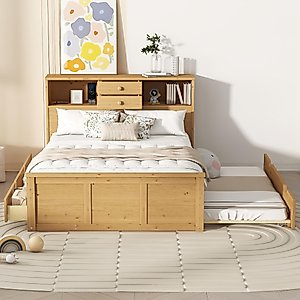 HoRunzelin Full Size Pltaform Bed with Storage Drawers,Twin Trundle,Bookshelf Headboard,Charging Station,Solid Wood Captains Bed with Shelves for Kids Boys Girls Teens, Natural