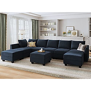 HONBAY Modular Sectional Sofa Set Oversized U Shaped Couch with Storage Ottoman Convertible Sleeper Sectional Sofa Velvet Modular Couch with Wide Chaise, Dark Blue