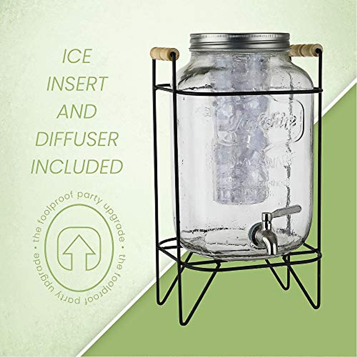 2 Gallon Glass Beverage Dispenser with Ice and Fruit Infusers, Metal Wire Stand with Wooden Handles, Drip Tray and Stainless Steel Spigot- Mason Drink Dispenser for Iced Tea, Kombucha, Infused Water