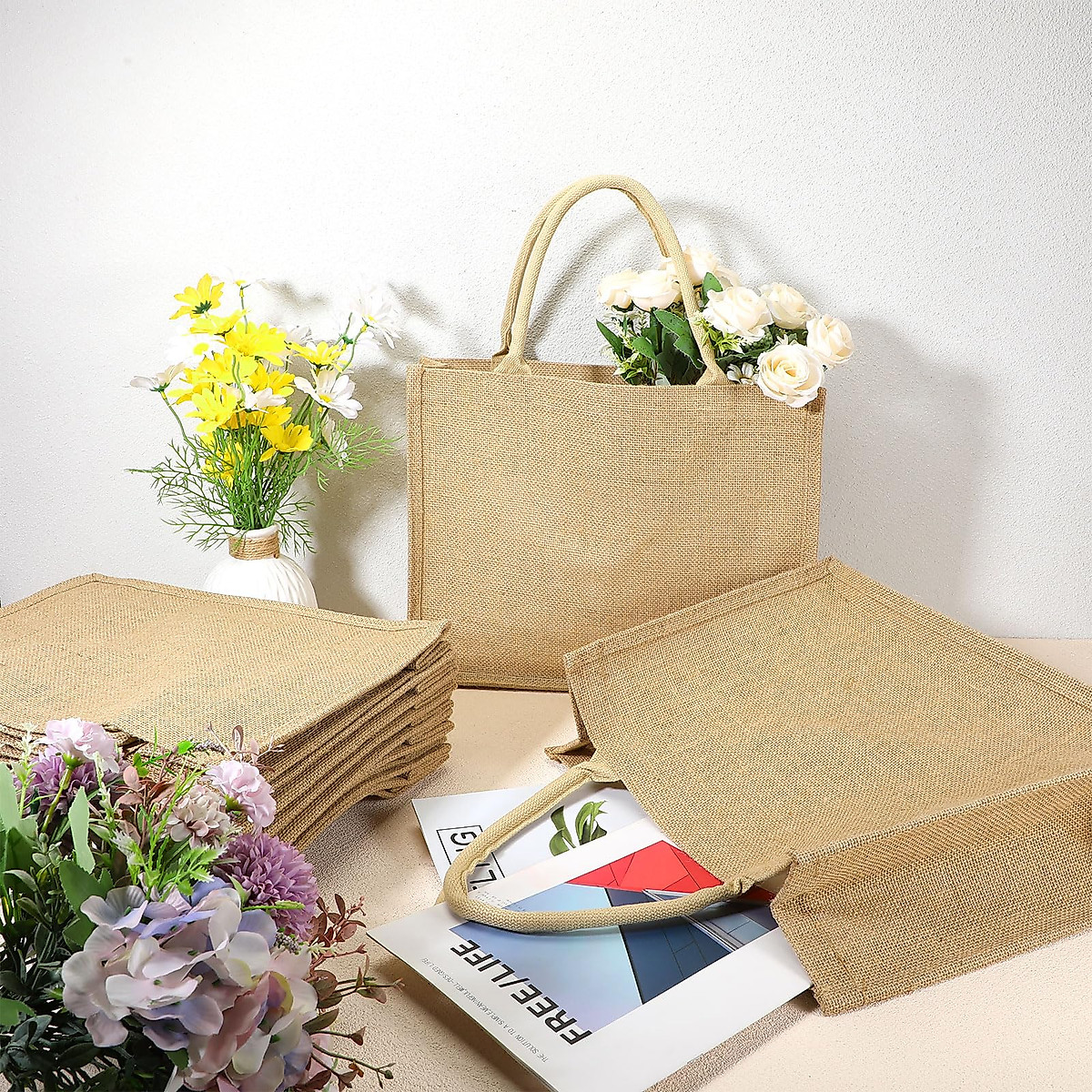 Sanwuta 50 Pcs Burlap Tote Bag Bulk Jute Tote Bags with Laminated Reusable Summer Tote Blank for Mother Teacher DIY Bridesmaid Wedding Shopping Beach, 14.96 x 11.81 x 5.91 Inch