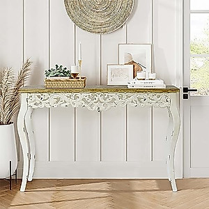 LuxenHome 46" Wood Decorative Console Table, Vintage French Country Entry Table, Farmhouse Antique Sofa Table with Wood Carvings, Woodgrain/Off-White