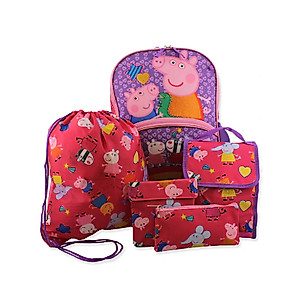 Peppa Pig Girls 5 piece Backpack and Lunch Bag School Set (One Size, Pink/Purple)