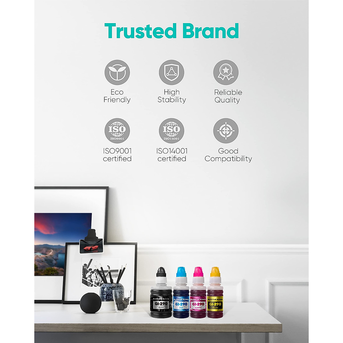 GI-290 Refill Ink Bottles Kit Replacement for Canon GI-290 for PIXMA G4200, PIXMA G3200, PIXMA G4210, PIXMA G2200, PIXMA G1200 Printer Tray (1 Black,1 Cyan,1 Magenta,1 Yellow, 4 Pack)