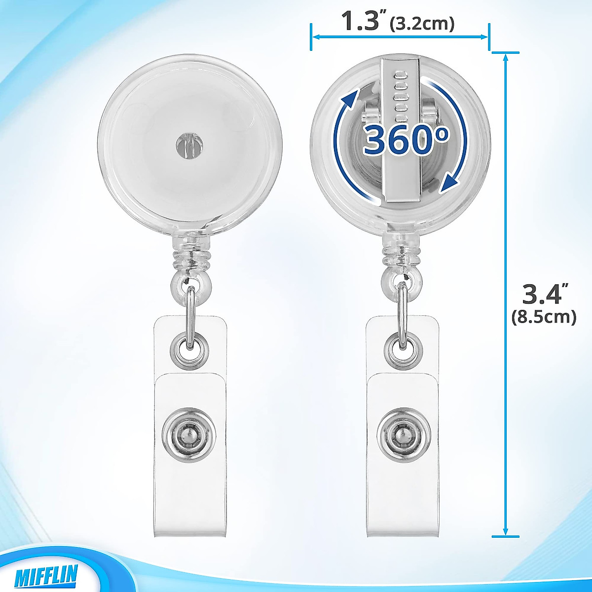 Retractable Badge Reels (Transparent, 10 Pack) w/Bulldog Clip & Snap Strap to Secure ID Name Card Holders by Mifflin