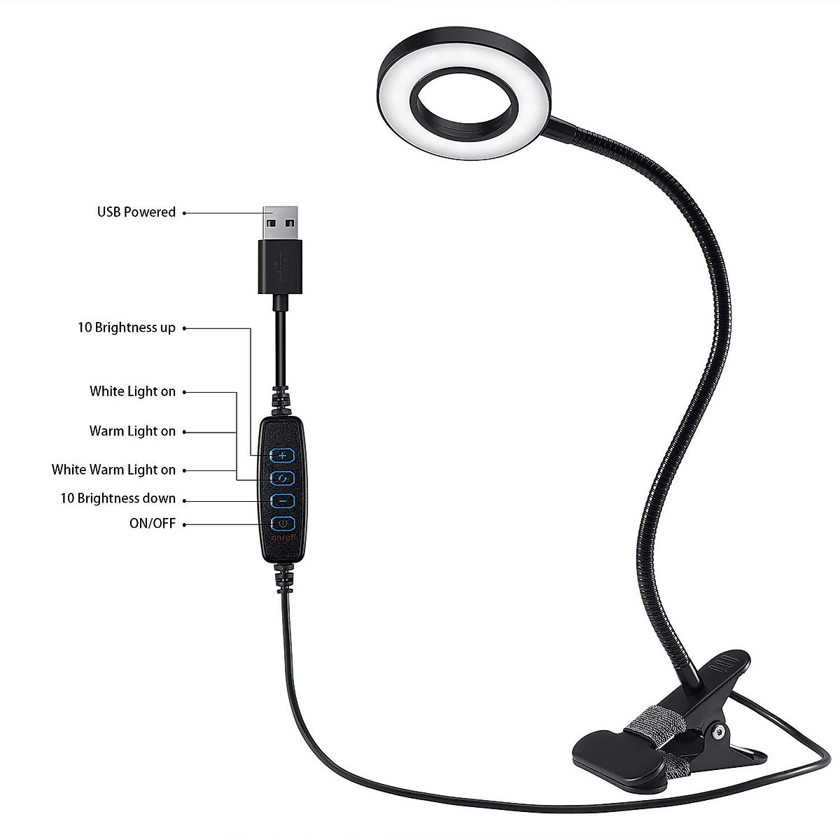 QQAPPU Clip Light Reading Lights 48 LED Clamp-on Desk Lamp with 3 Color Modes and 10 Brightness Dimmable, 360 ° Flexible Gooseneck Book Clamp Light for Video Conference Lighting Headboard