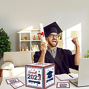 Graduation Party Decoration Red and Blue Congrats Grad Card Box with 48 PCS Advice Cards,Class of 2023 Holder Box Gift Box for College High School Graduation