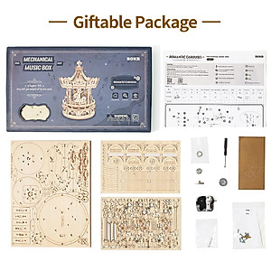 ROKR 3D Wooden Puzzles Music Box - DIY Model Building Kit Mechanical Merry-go-Round Exquisite Display Gifts for Teens Man/Woman Family