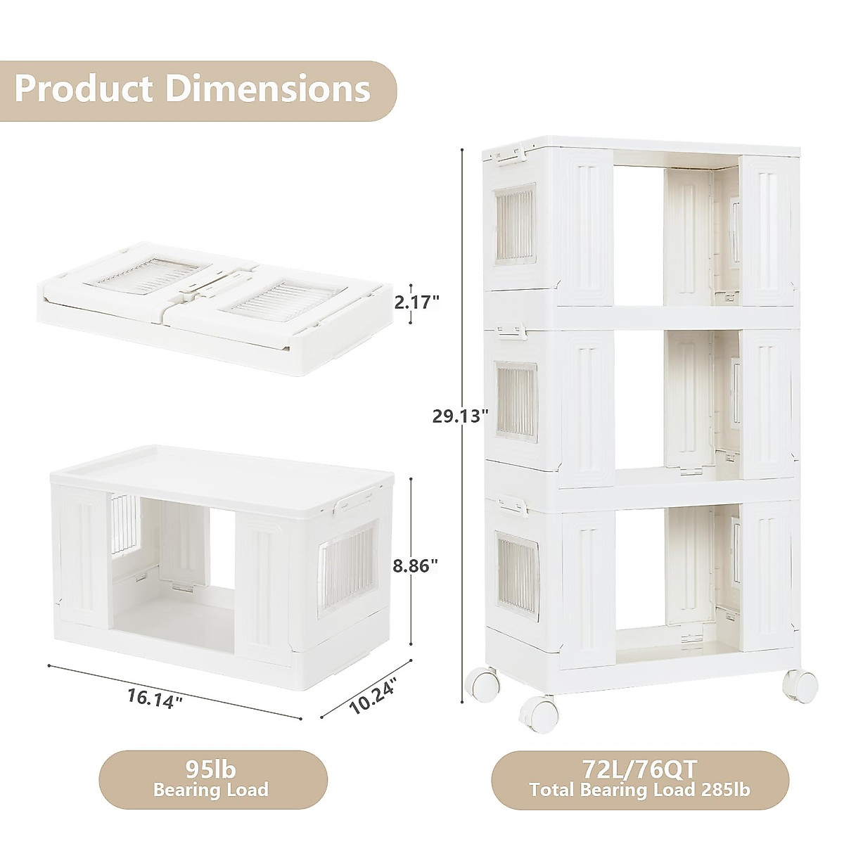 Bagnizer 76qt Plastic Storage Container, No Door 3 Tier Stackable Folding Storage Bin with Lid, Collapsible Storage Box with Wheels for Bedroom, Living Room, Office, Off White, 16 x 10 x 29”