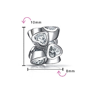 Cubic Zirconia CZ Cluster Bezel Set Heart Spacer Charm Bead For Women For Teen .925 Sterling Silver For European Bracelet
