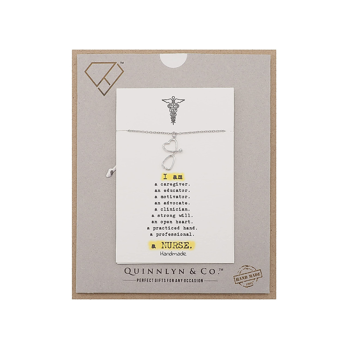 QUINNLYN & CO. Stethoscope Heart Pendant Necklace, Virtual Thanksgiving Gifts for Nurses and Caregivers, Nurse Necklaces for Women with Greeting Card Adjustable Chain 16" to 18" Silver Tone