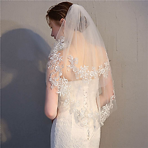 Ursumy Wedding Lace Veil Short Sparkle Waist Veils 2 Tier Soft Tulle Bridal Veils with Comb (White)