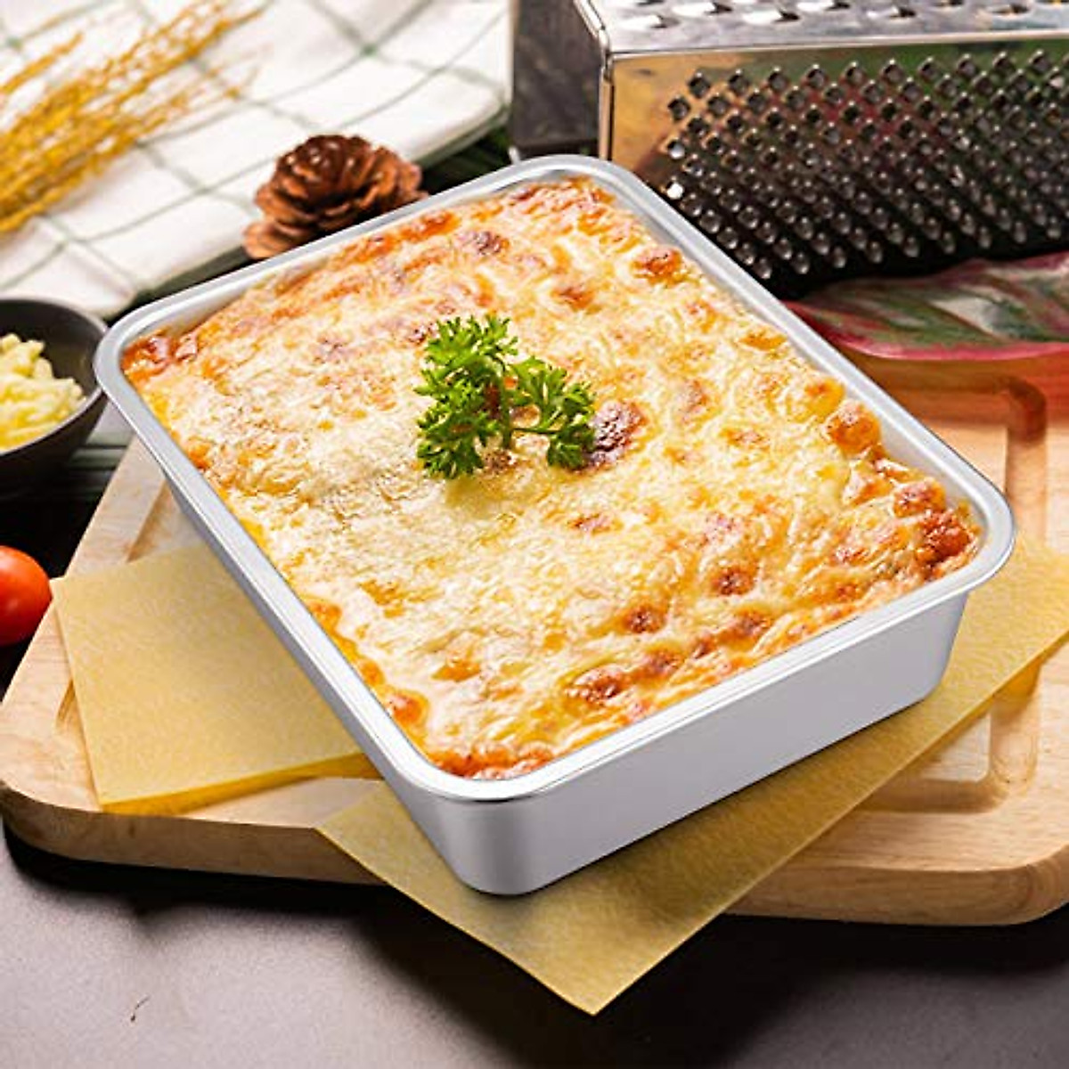Lasagna Pan Set of 2, E-far Deep Stainless Steel Baking Pans, 12.75 x10 x3.2 Inches Rectangular Metal Roasting Baking Dish Bakeware for Oven, Non-Toxic & Heavy Duty, Dishwasher Safe