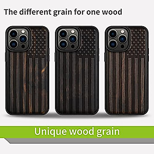Carveit Magnetic Wood Case for iPhone 14 Pro Max [Natural Wood & Black Soft TPU] Shockproof Protective Cover Unique & Classy Wooden Case Compatible with magsafe (American Flag -Blackwood)