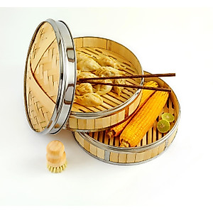 Beyond Gadgets Bamboo Steamer with Steel Reinforcement - 12-Inch 2-Tier Durable & Eco-Friendly Steamer for Healthy Cooking