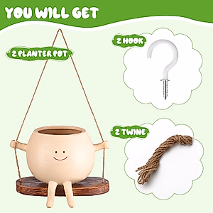 Domensi 2 Pcs Swing Hanging Planter Cute Planter Pots for Outdoor Plants Indoor Face Hanging Head Succulent Pots for String Resin Lovely Flower Pots Plant Hanger Indoor with Drainage Hole Gifts