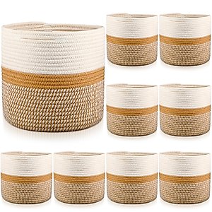 Thyle 9 Pcs Woven Cotton Rope Basket Bulk Storage Cubes Baskets Bins with Handles 10.2 x 10.2 x 10.2'' Round Organizer Bins Cute Toy Basket for Cube Storage Organizer Shelves Clothes Towels