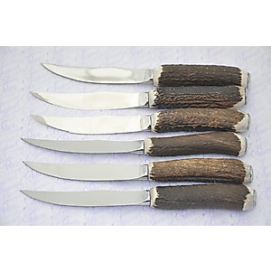 Six Cased Genuine Stag Horn/Antler Handle Steak Knives Made in Sheffield England Free Engraving