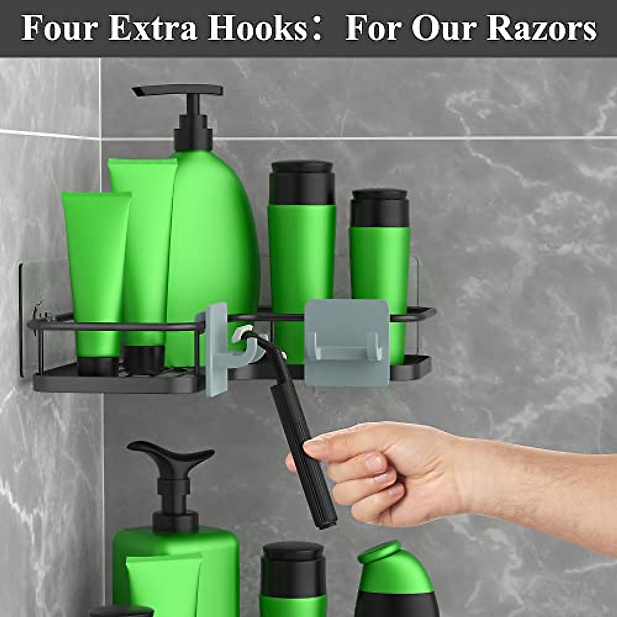 Zaspaver Black Corner Shower Caddy Organizer Shelf Shelves Basket with Hooks, Bathroom Adhesive Shampoo Holder 5 Pack, Drill Free No Rust