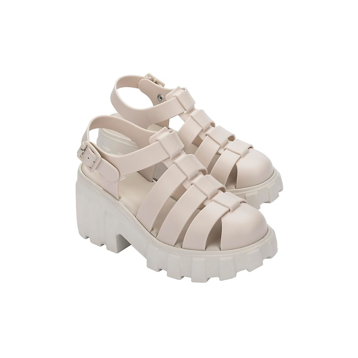 Melissa Megan Platform Jelly Heels for Women - The Iconic Original 90’s Jelly Shoe, Fisherman's Sandal with Chunky, Platform Lug-Sole Heel and Adjustable Strap and Side Buckle, Beige, 7