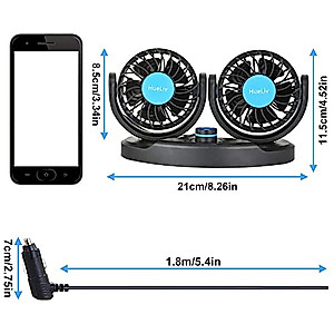 HueLiv Car Fan 12V, Electric Car Cooling Fan with 360 Degree Adjustable Dual Head That Plugs into Cigarette Lighter/Low Noise Automobile Vehicle Fan for Car Truck Van SUV RV Boat