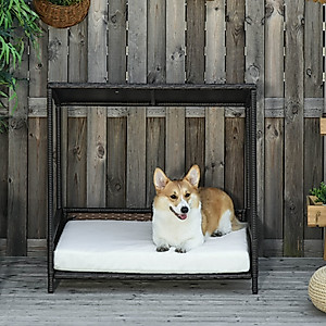 PawHut Wicker Dog House Raised Rattan Puppy Bed Cat Shelter for Indoor Outdoor Garden Patio Pet Sofa with Removable Cushion for Medium Sized Pet Brown