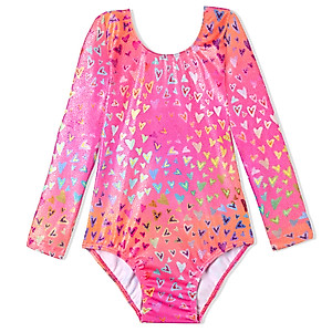 Domusgo Gymnastics Leotard for Girls Size 6-7 Years Old Pink Rainbow Loves Ballet Dancewear Sparkle Nenon Love Heart Outfits for Team Sport Hotpink