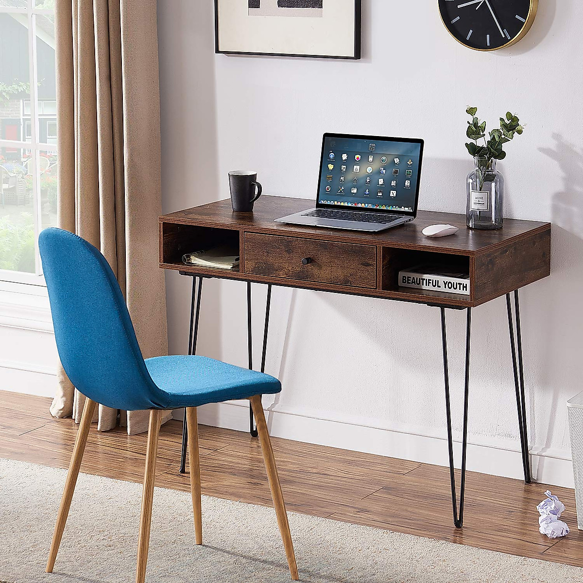 VECELO 39.3" Home Office Work Table with Drawers Computer Desk Writing/Study, 39 Inch Hairpin Legs, Retro Brown