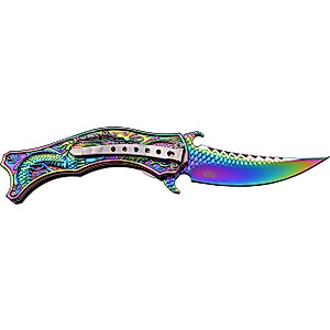 Dark Side Ballistics - Spring Assisted Folding Knife - Rainbow TiNite Coated Stainless Steel Blade and Handle, Dragon Theme, Pocket Clip, EDC, Fantasy, Collectible, DS-A019RB