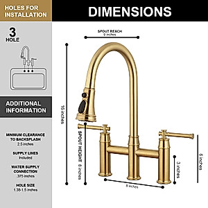 Brushed Gold Bridge Kitchen Faucet with Pull Down Sprayer, Lava Odoro Transitional Brass Kitchen Sink Faucet 3 Hole 2 Handle Spot-Resistant, Lead-Free, KF501-SG