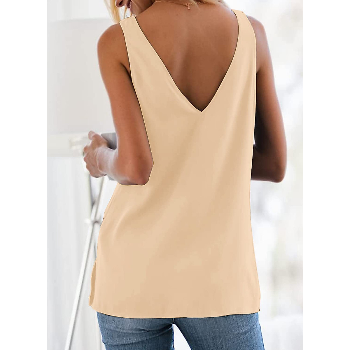 ANGGREK Womens Silk Satin Tank Tops V Neck Casual Cami Sleeveless Camisole Blouses Basic Tank Shirt(1-Champagne,Large)