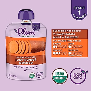 Plum Organics | Stage 1 | Organic Baby Food Meals [4+ Months] | Just Sweet Potato | 3 Ounce Pouch (Pack Of 12) Packaging May Vary