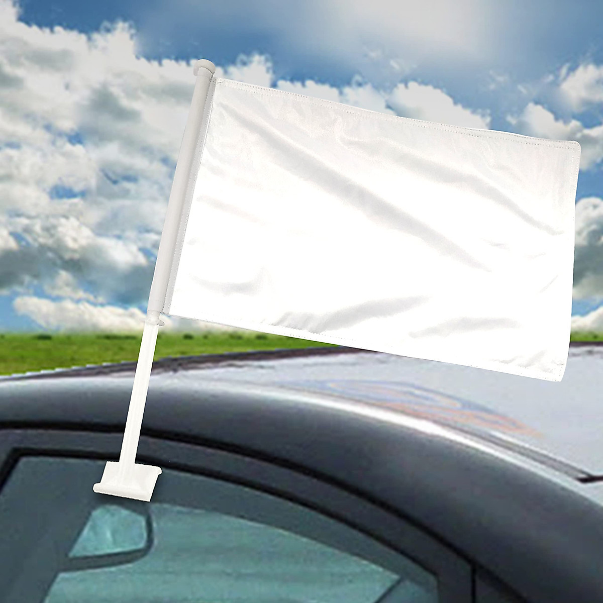 BANNER BUZZ MAKE IT VISIBLE Solid White Car Window Clip Flag Fade Resistant Vehicle for Patriotic, Sports Events, Parades - Premium - Double Side Printing (Pack of 100)