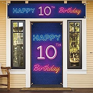 Neon Happy 10th Birthday Door Cover Porch Banner and Large Yard Sign Set Decor Colorful - Glow Neon Theme 10 Years Old Birthday Party Decoraions for Boys Girls Supplies