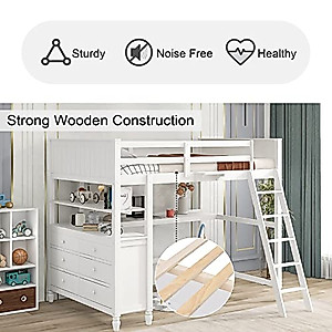 Merax Multi-Functional Full Loft Bed with Built-in Desk/6 Storage Drawers/Shelf, Full Size Wooden Loft Bed with Ladder and Guardrails, No Box Spring Required Wood Bed Frame, White