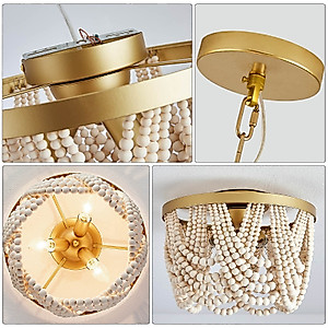MZMHD Boho Wood Beaded Semi Flush Mount Ceiling Light Fixture,3-Light Gold Metal Mini Chandeliers,Bohemia Small Chandelier for Bedroom,Nursery Room,Entryway,Hallway,Passway,Dining Room
